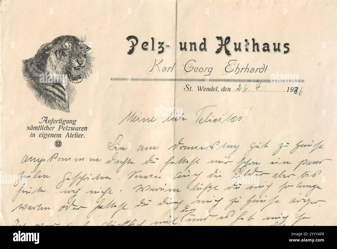 Pelz- und Huthaus Karl Georg Ehrhardt, St. Wendel (Briefbogen Stock ...