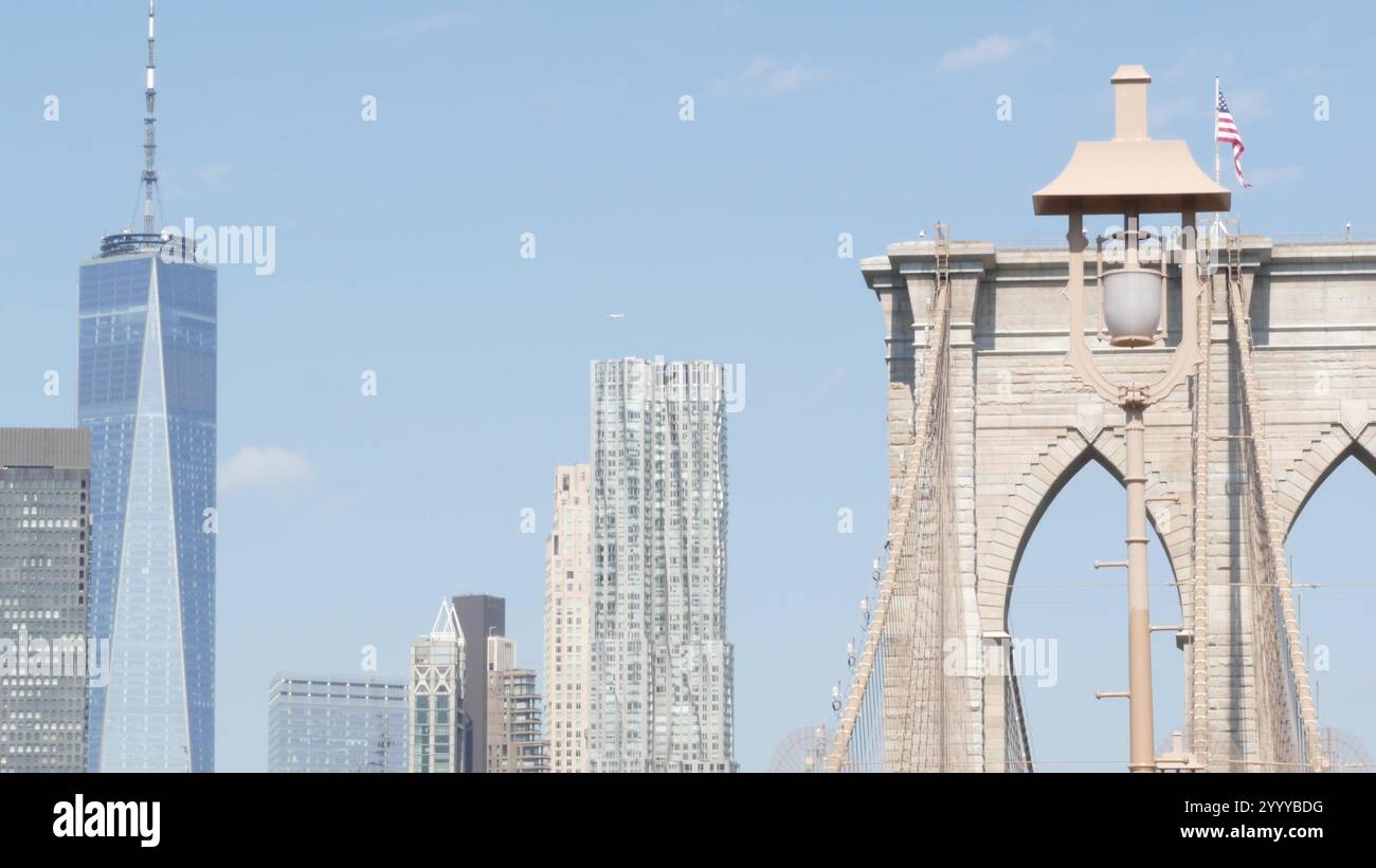 Brooklyn Bridge to Manhattan downtown. New York City skyline ...