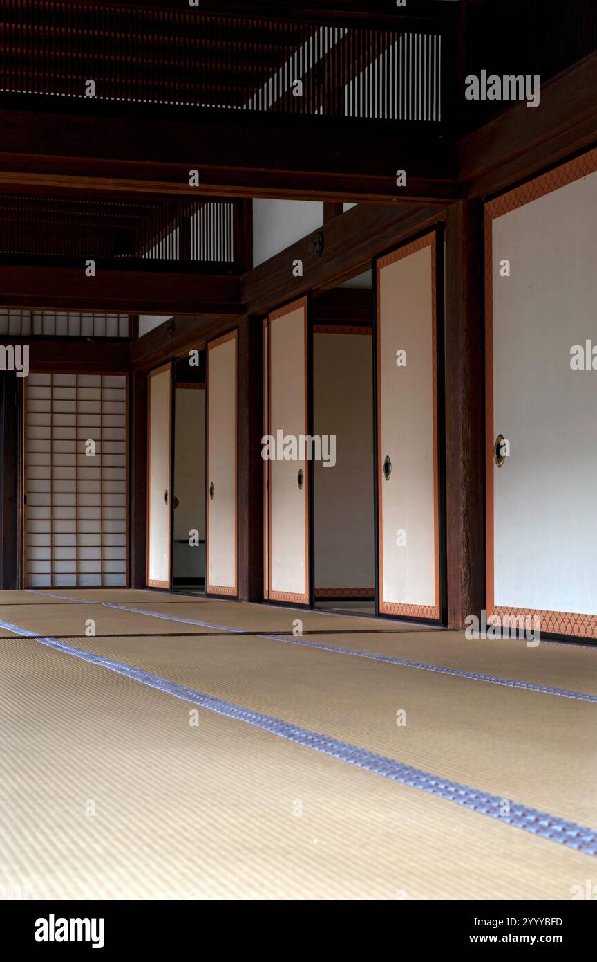 Traditional interior of Shitennoji Temple Kyakuden with shoji and fusuma sliding screens and ...