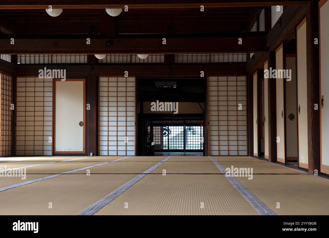 Traditional interior of Shitennoji Temple Kyakuden with shoji and fusuma sliding screens and ...