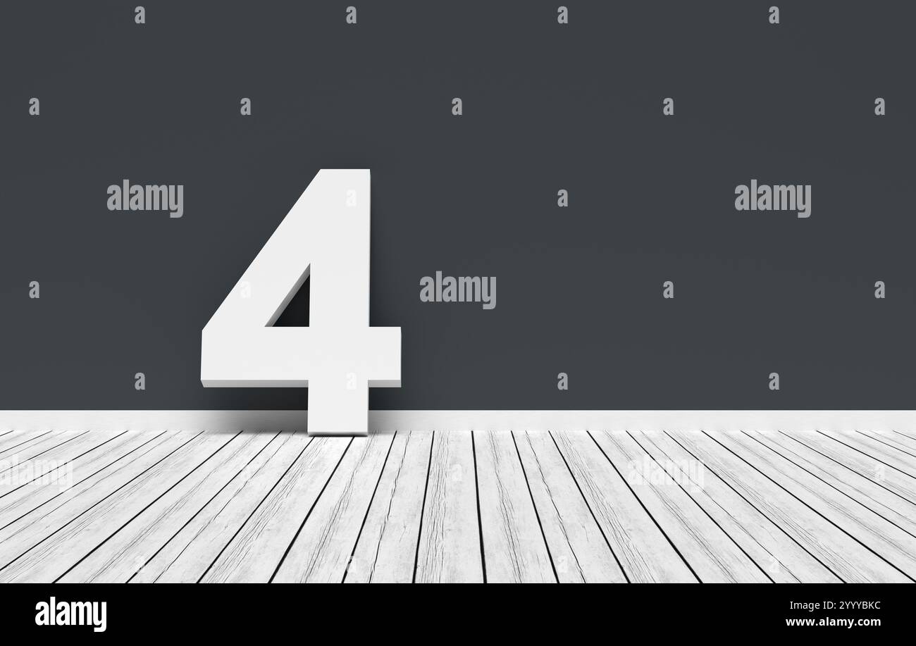 White number four leaning on a dark gray wall in a white room with ...