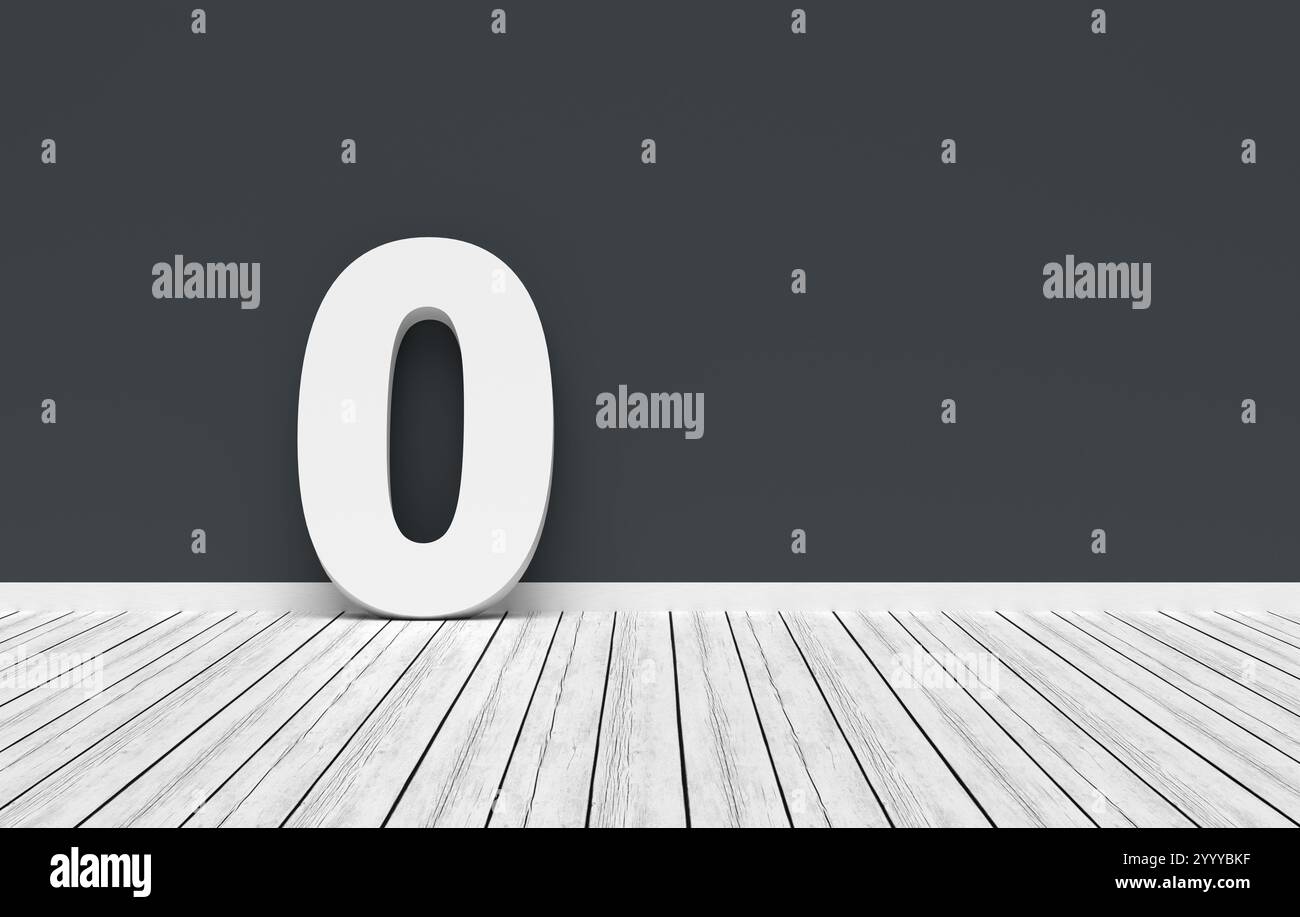 Big white zero number leaning on a dark gray wall in a room with white ...