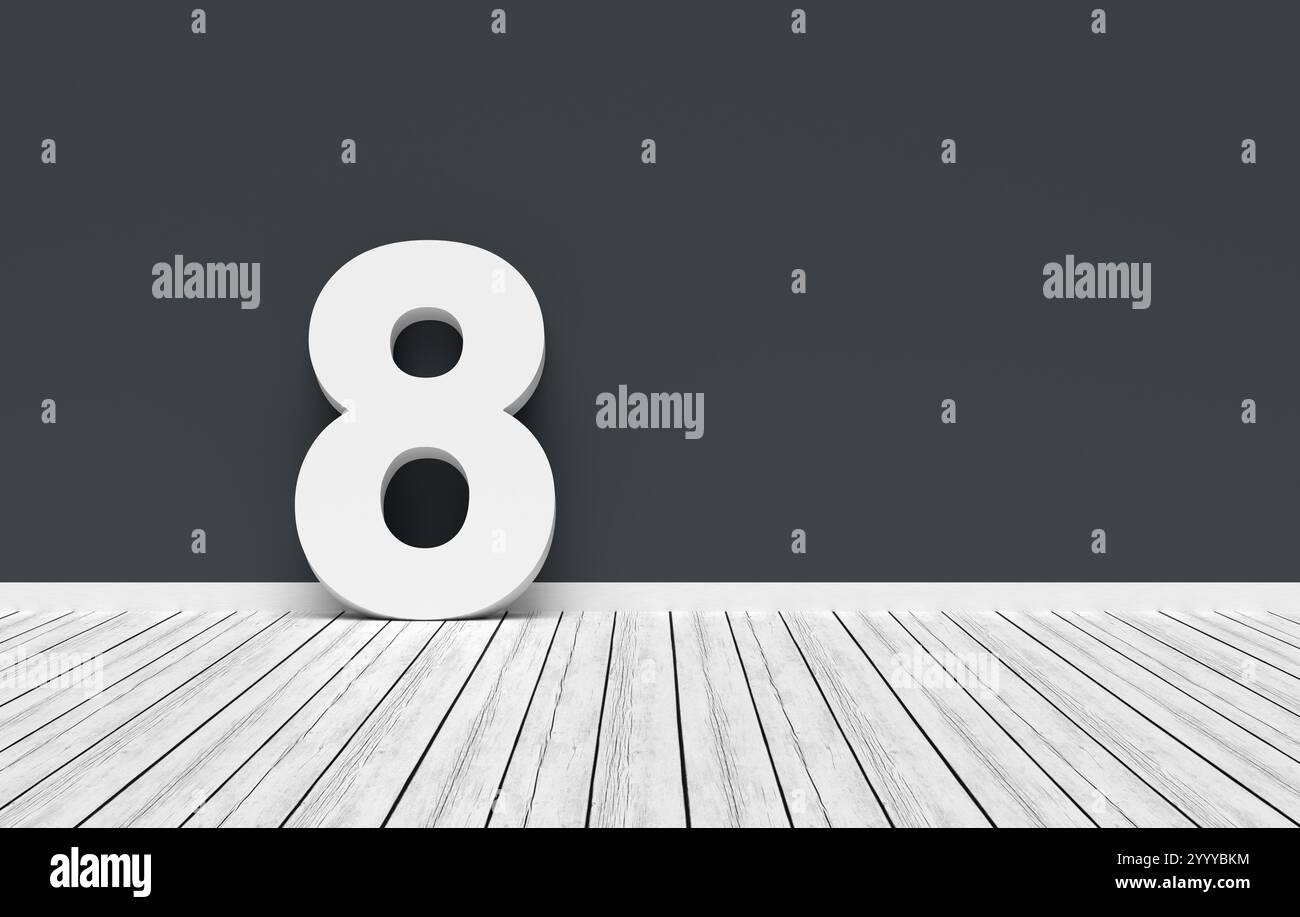 White number eight leaning on a dark gray wall in a white room with ...