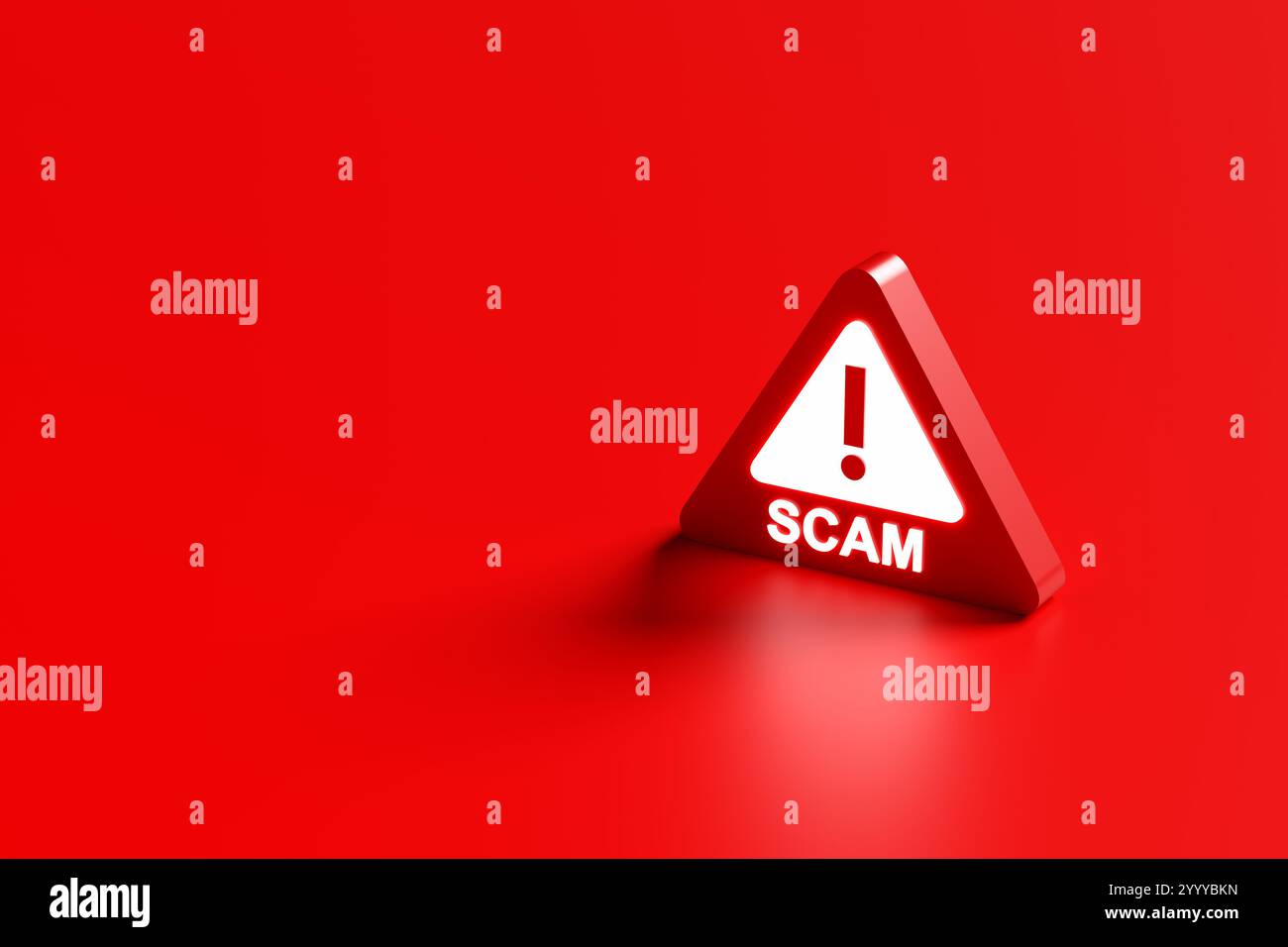 Red scam alert sign glowing on a red background with an exclamation ...