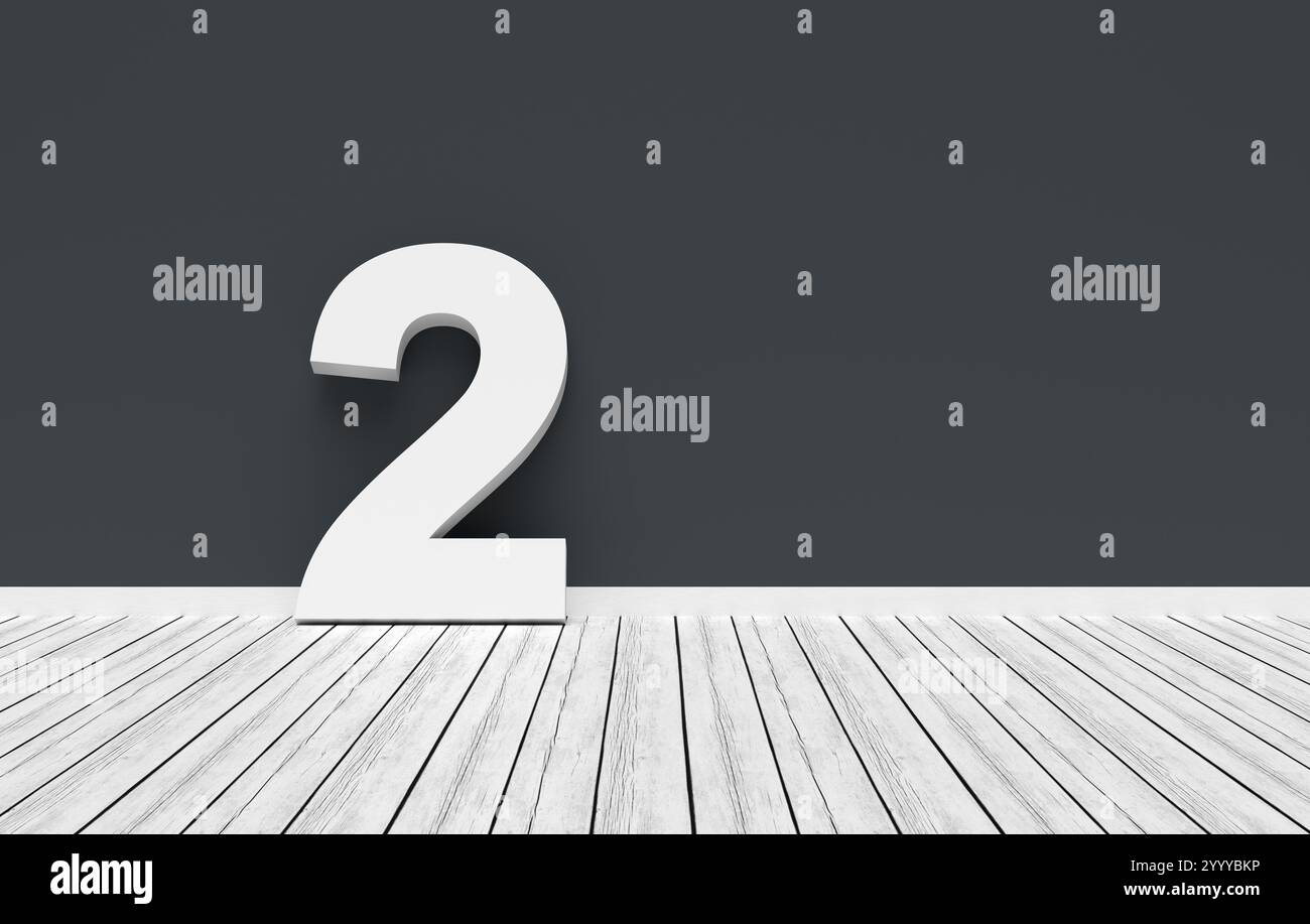 White number two leans against a dark gray wall in a minimalist room ...