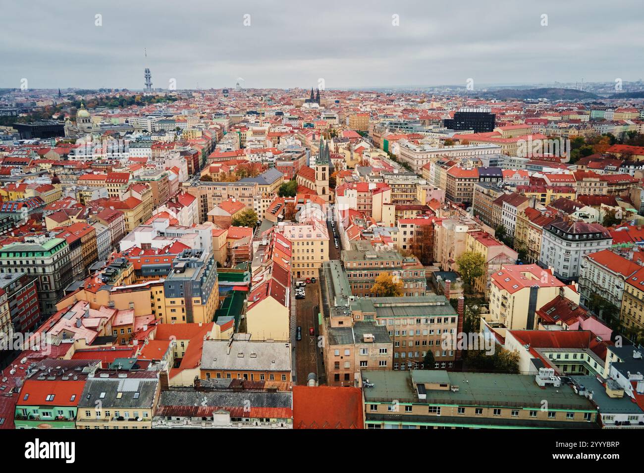 Prague architecture, aerial view. Historical buildings with red roofs ...
