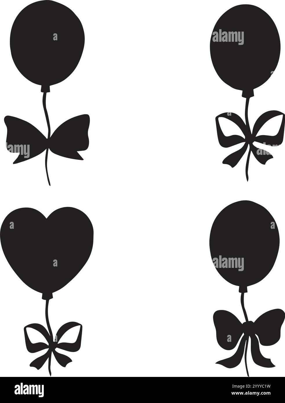 Helium balloons with bows and ribbons. Festive set of sihouette icons ...