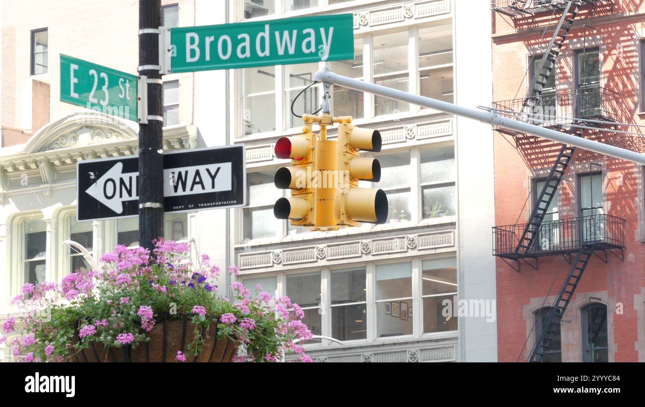 Broadway street road sign, Manhattan midtown architecture, New York ...