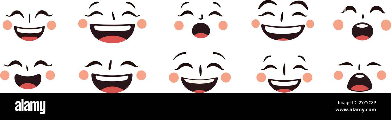 A collection of ten cartoon-style facial expressions showcasing various ...