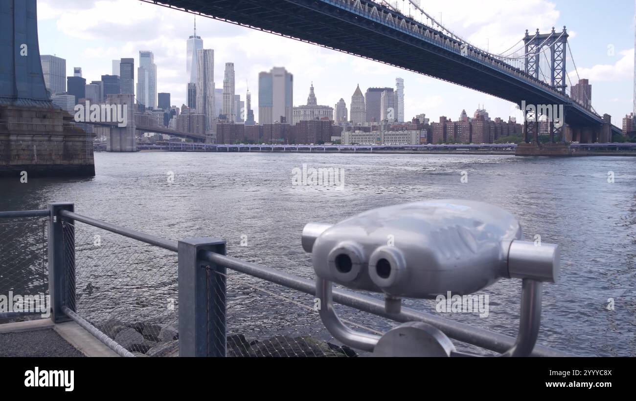 New York City Manhattan Bridge lookout, tower viewer binoculars ...
