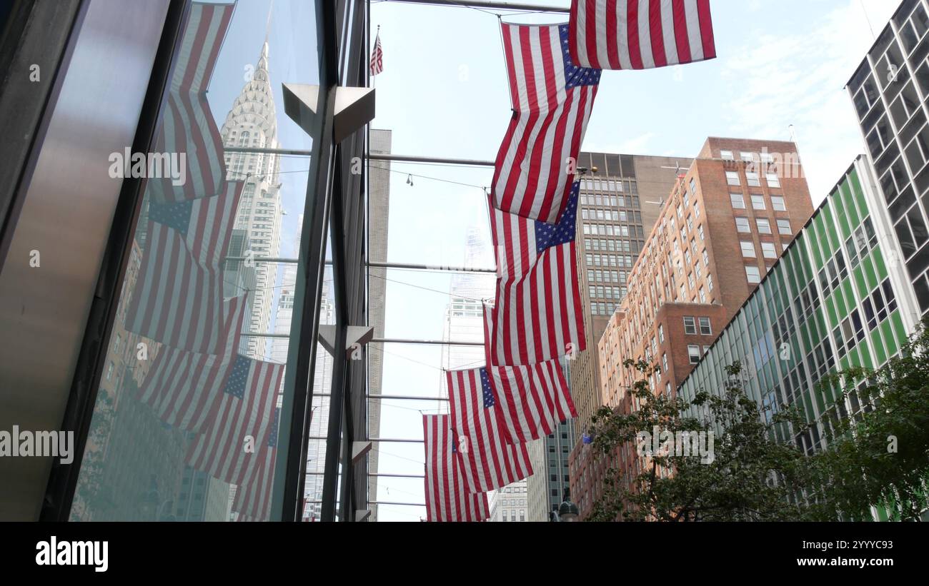 New York, american flag waving. Chrysler building. Manhattan midtown 42 ...