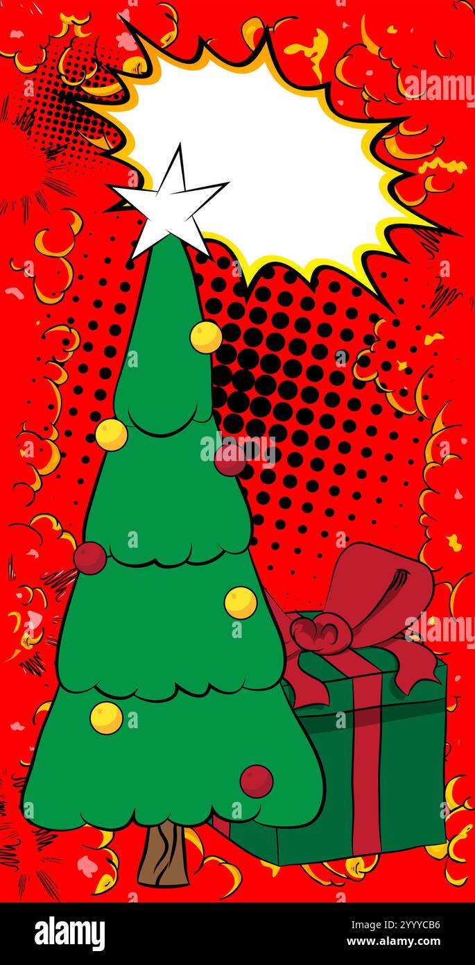 Cartoon Gift Box and Christmas decorated pine tree with blank speech ...