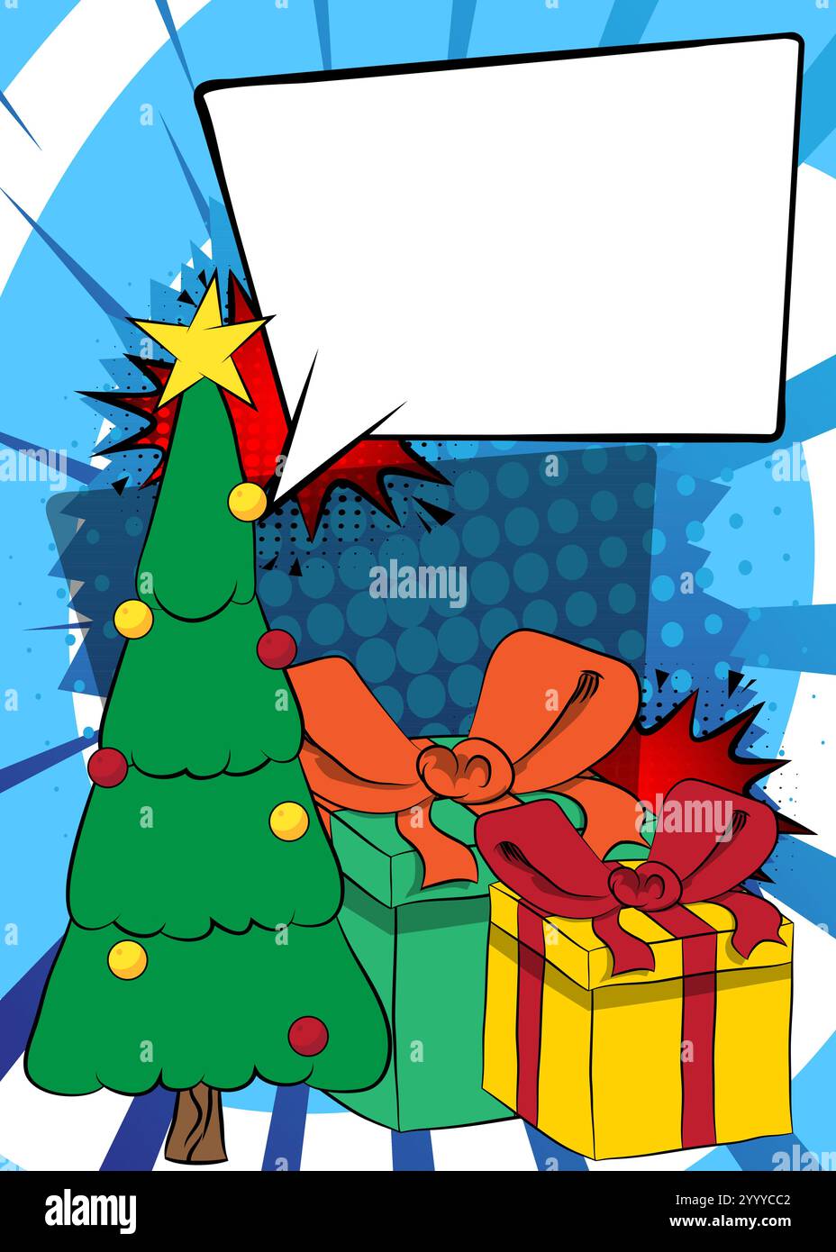 Cartoon Gift Box and Christmas decorated pine tree with blank speech ...