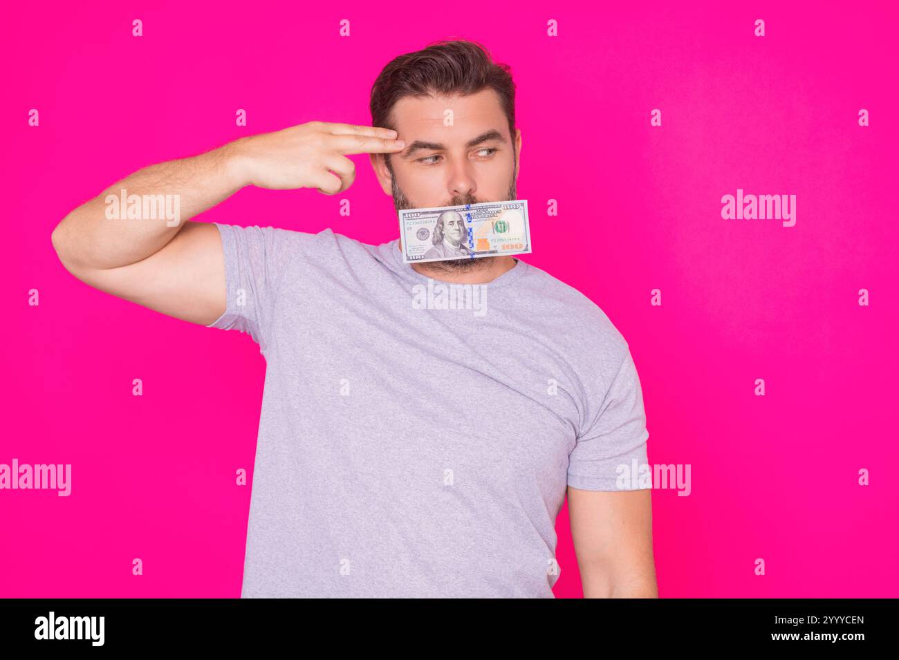 Man with hundred dollar bill. American currency banknotes. Man holding ...