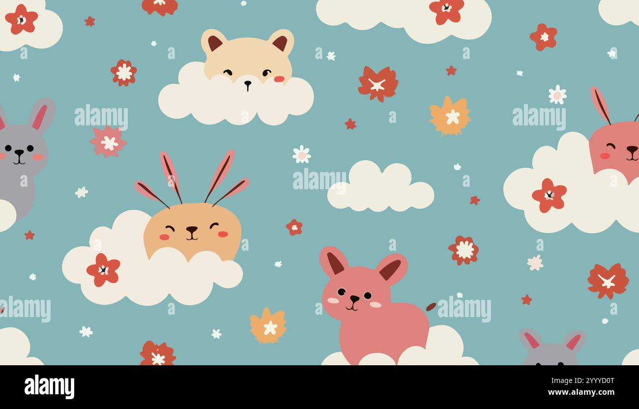 A playful and colorful pattern featuring cute animals peeking out from ...