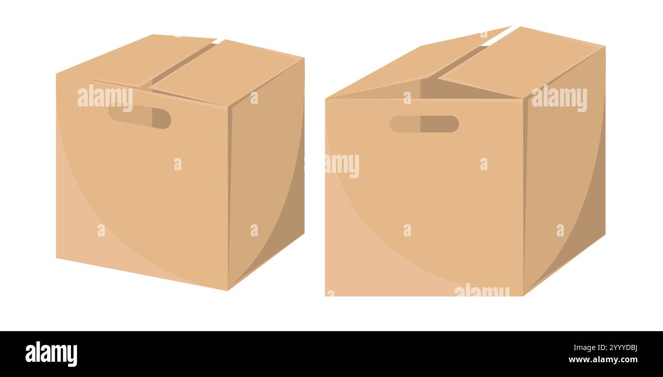 Front and side view realistic illustrations of cardboard boxes for ...