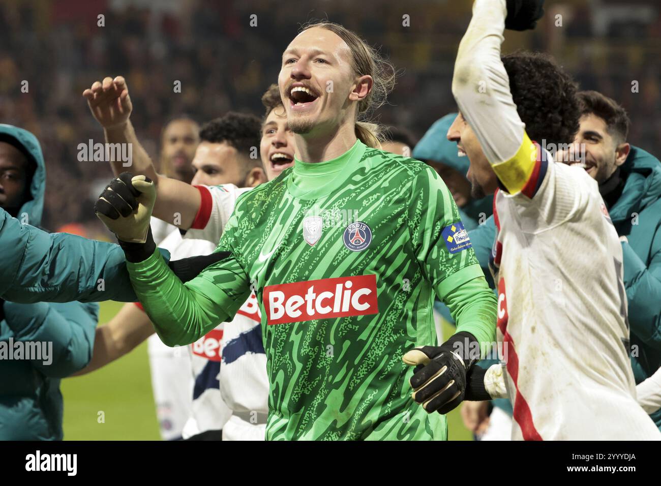 PSG goalkeeper Matvey Safonov celebrates the victory following the ...