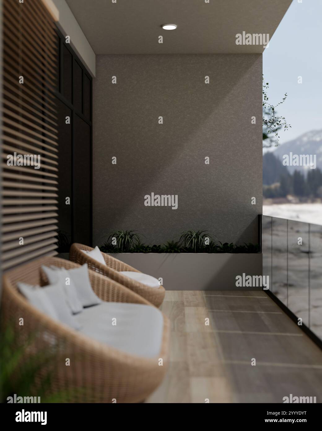 A side view of a modern, comfortable apartment balcony relaxation area ...