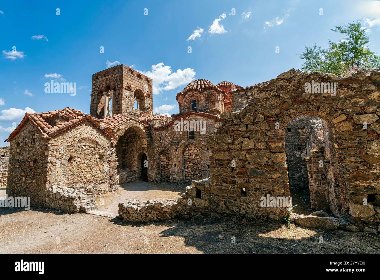 The Byzantine Church of Agia Sophia in Mystras, Greece, showcasing intricate architecture, domes ...