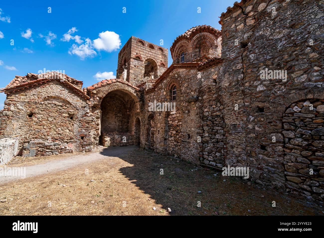 The Byzantine Church of Agia Sophia in Mystras, Greece, showcasing intricate architecture, domes ...