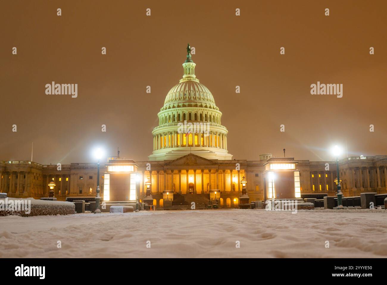 Washington D. C. in night winter snow. Capitol Building in night ...