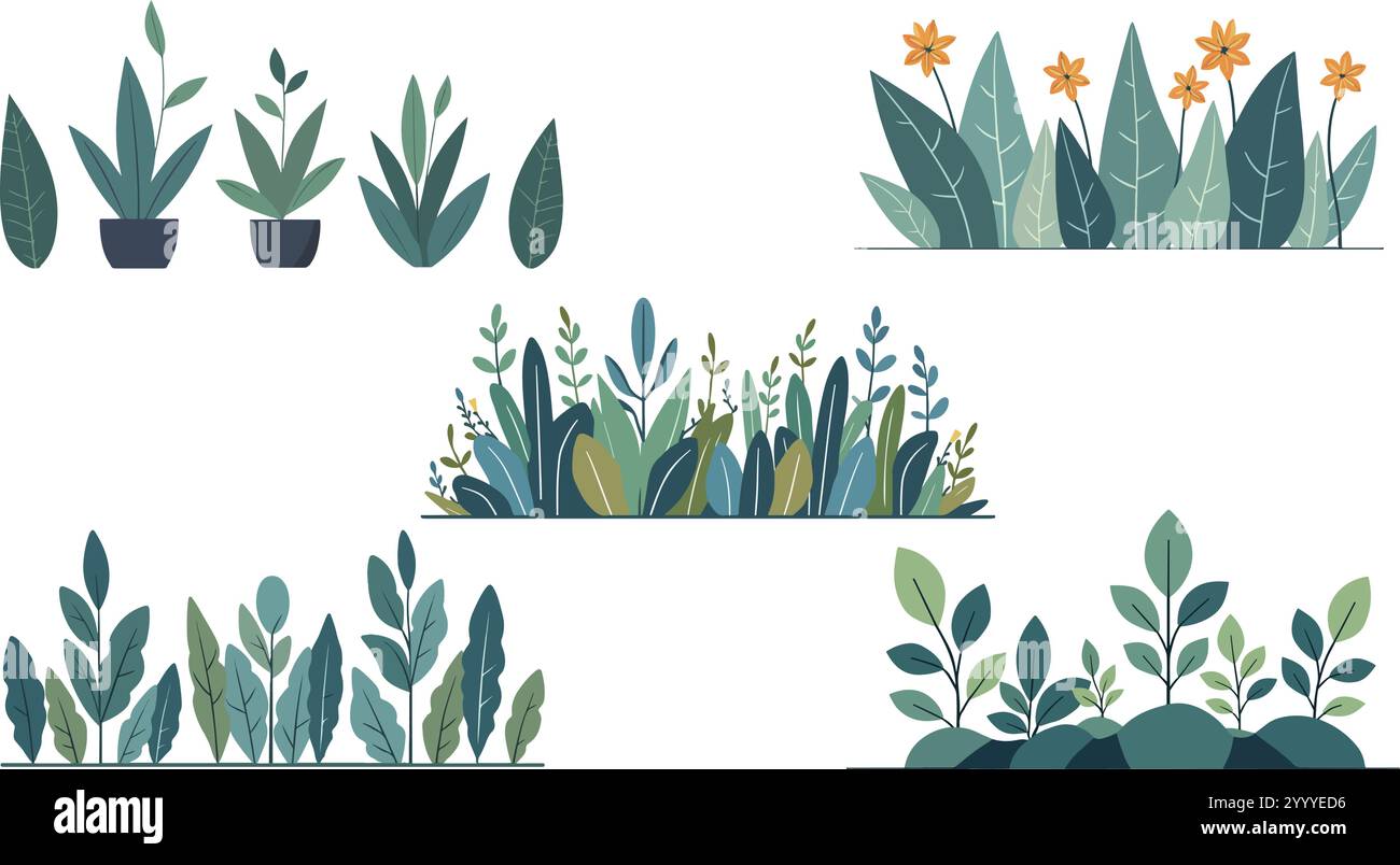 A collection of stylized plant illustrations featuring various leaves ...