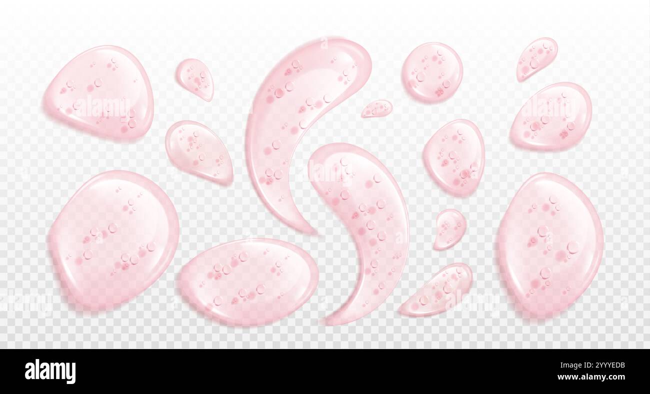 Pink serum oil drop collection - transparent liquid droplets with ...