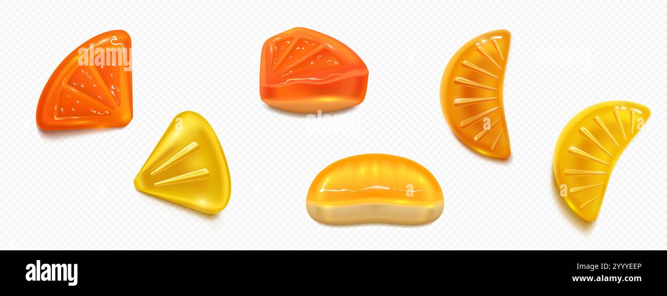 Vibrant set of gummy slices of lemon and orange. Realistic 3d colorful ...