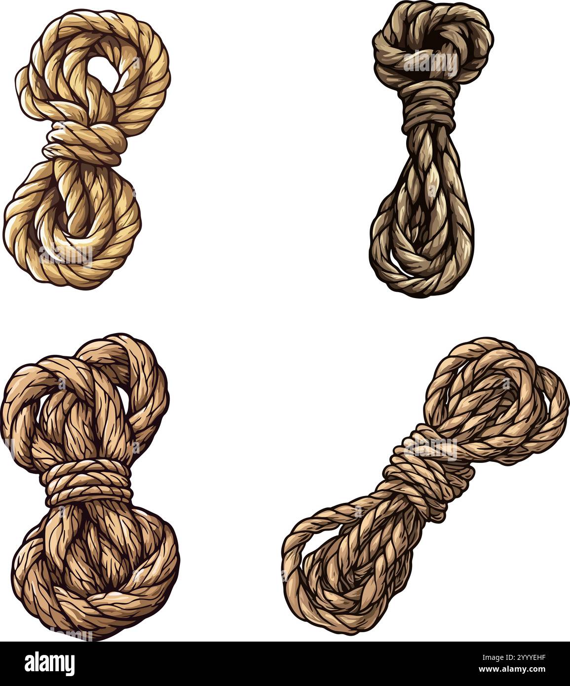 A collection of four distinct knots and twisted ropes, showcasing ...