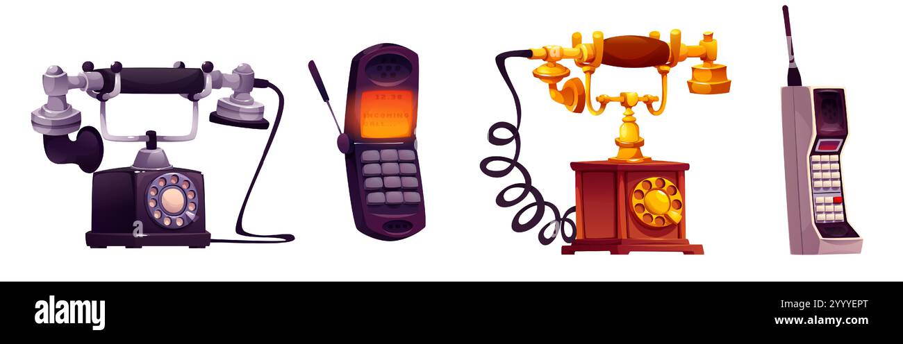 Retro and cell phones set isolated on white background. Vector cartoon ...