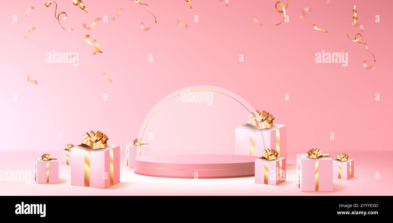 Pink podium display with wrapped gift boxes, golden bows and ribbons ...