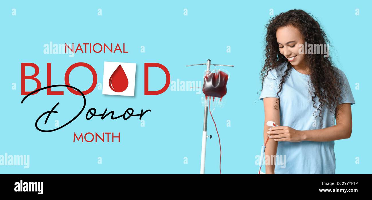 Young African-American woman donating blood on light blue background ...