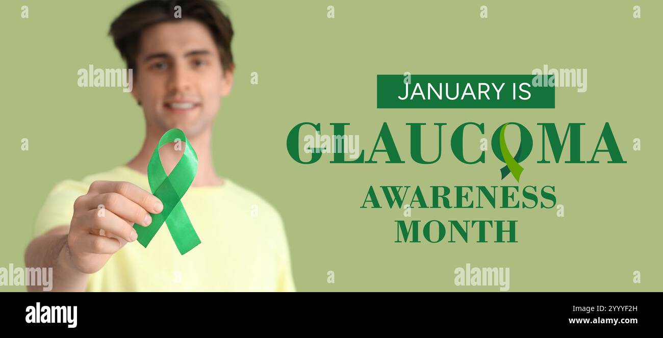 Young man with green ribbon on color background. Banner for Glaucoma ...