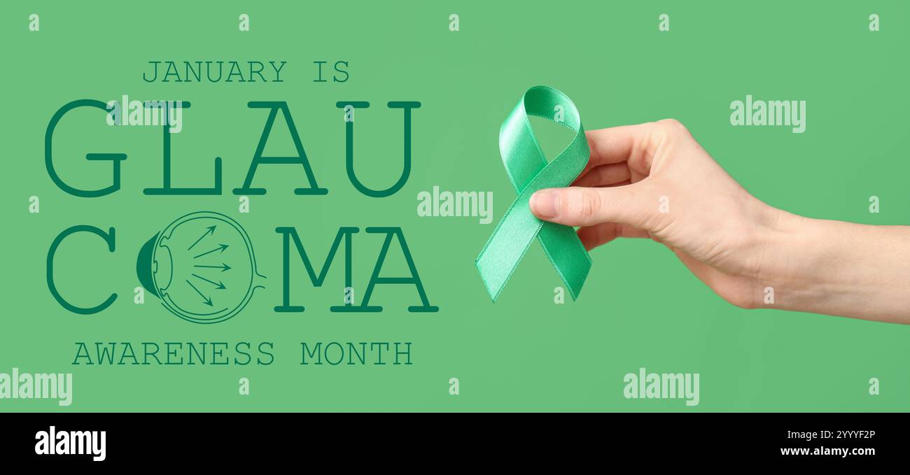 Hand with ribbon on green background. Banner for Glaucoma Awareness ...
