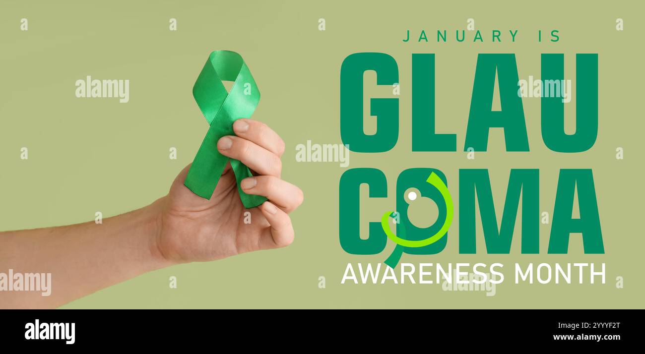 Hand with green ribbon on color background. Banner for Glaucoma ...