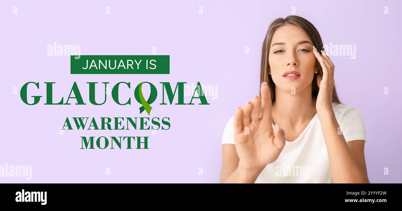 Woman with problem of poor eyesight on lilac background. Banner for ...