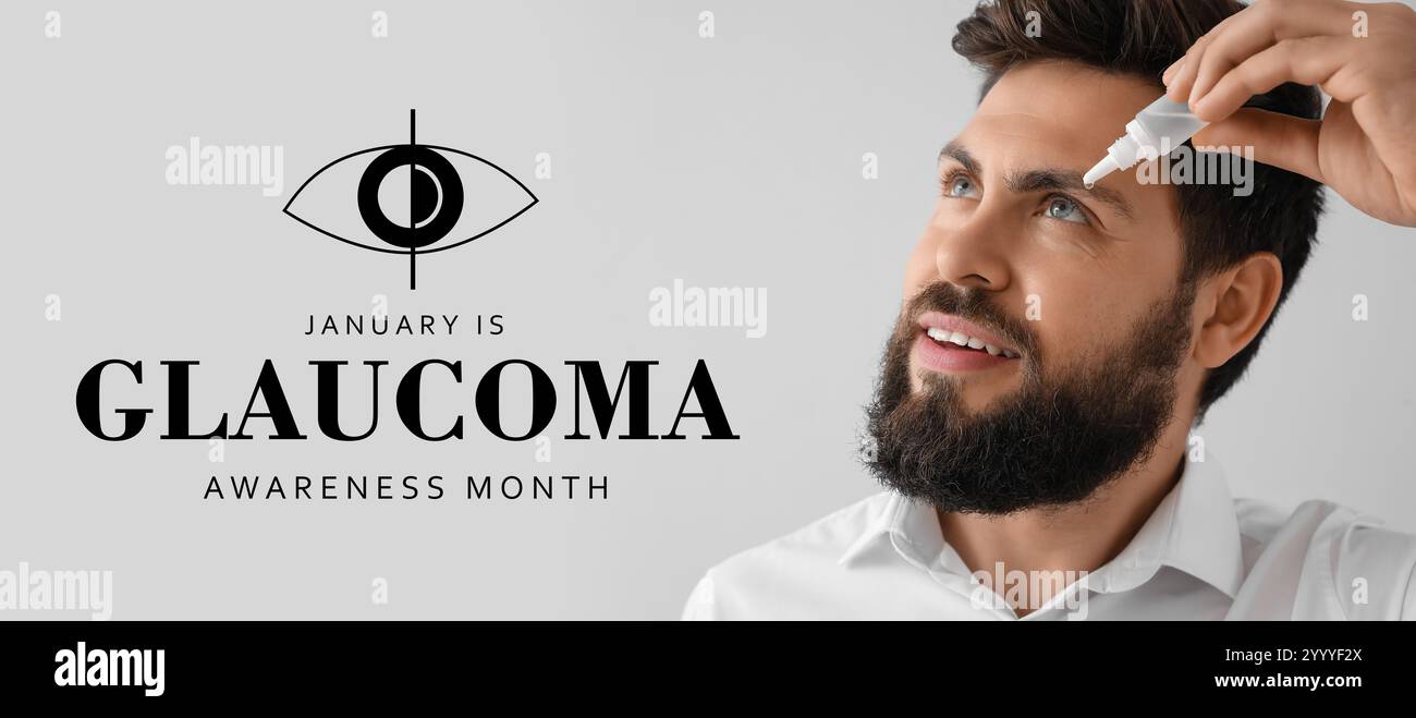 Man with eye drops on grey background. Banner for Glaucoma Awareness ...
