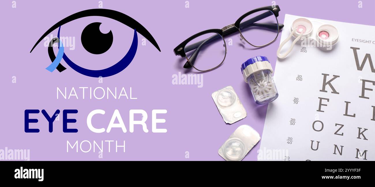 Glasses, eye test chart and contact lenses on lilac background. Banner ...