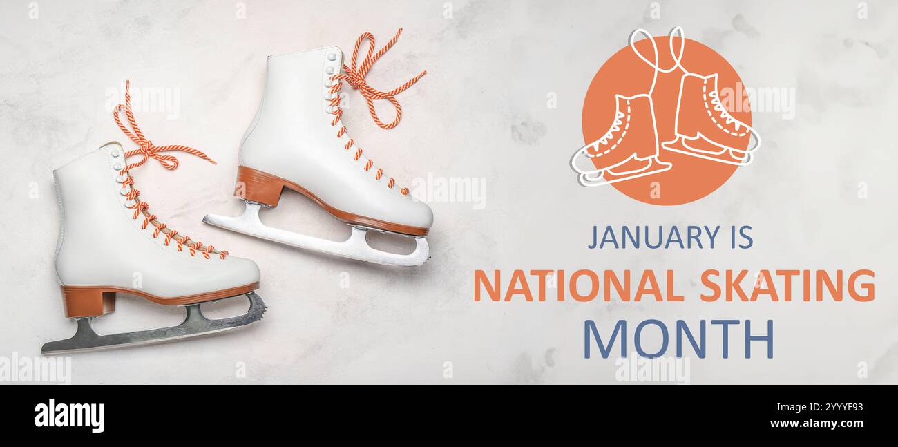 Ice skates on light background. Banner for National Skating Month Stock ...