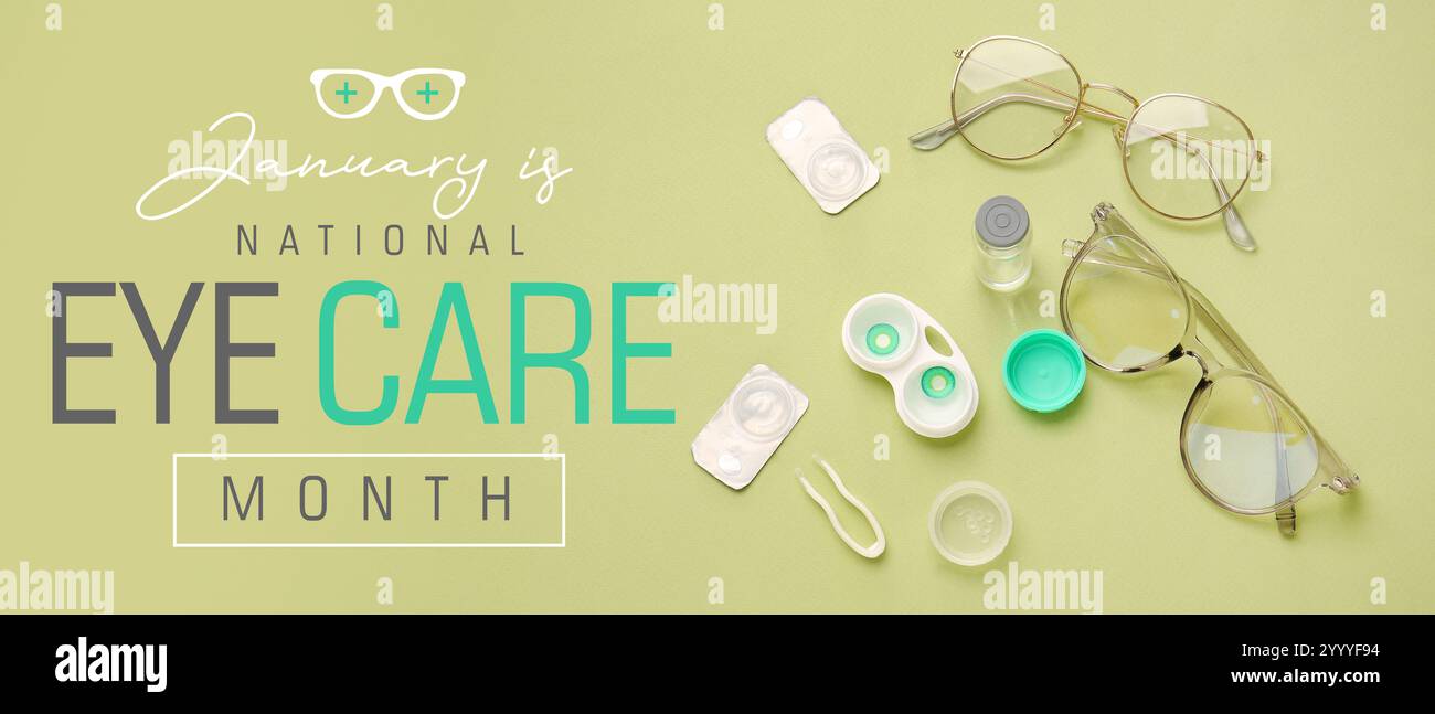 Contact lenses and glasses on green background. Banner for National Eye ...