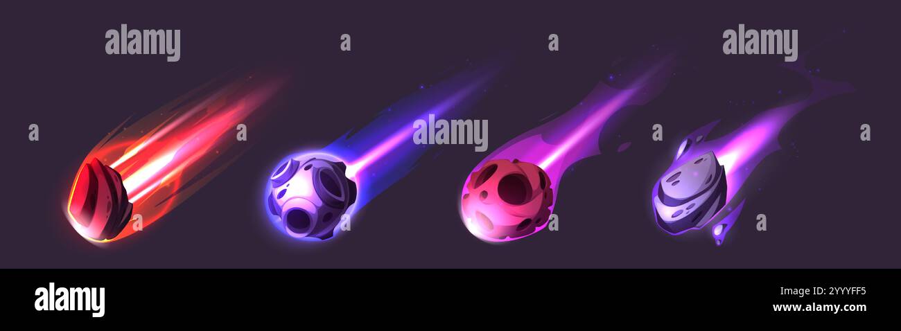 Glowing asteroid and comet collection with colorful fire trails ...
