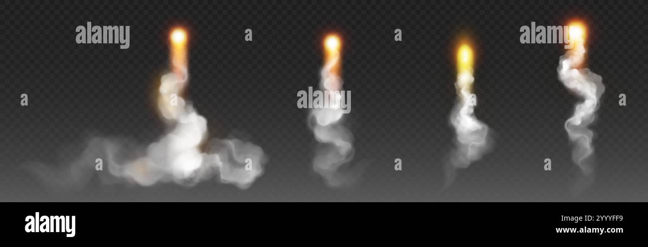 Rocket launch smoke and fire trails set isolated on transparent ...