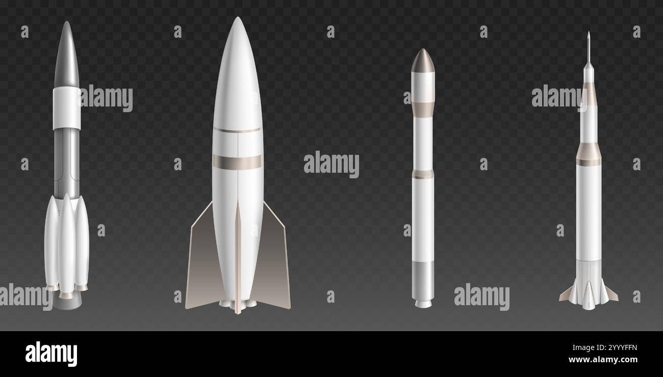 3D space rockets set isolated on transparent background. Vector ...