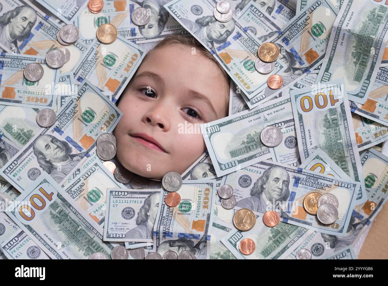 American dreams. Kids head in money. Fun kid face on dollars money ...