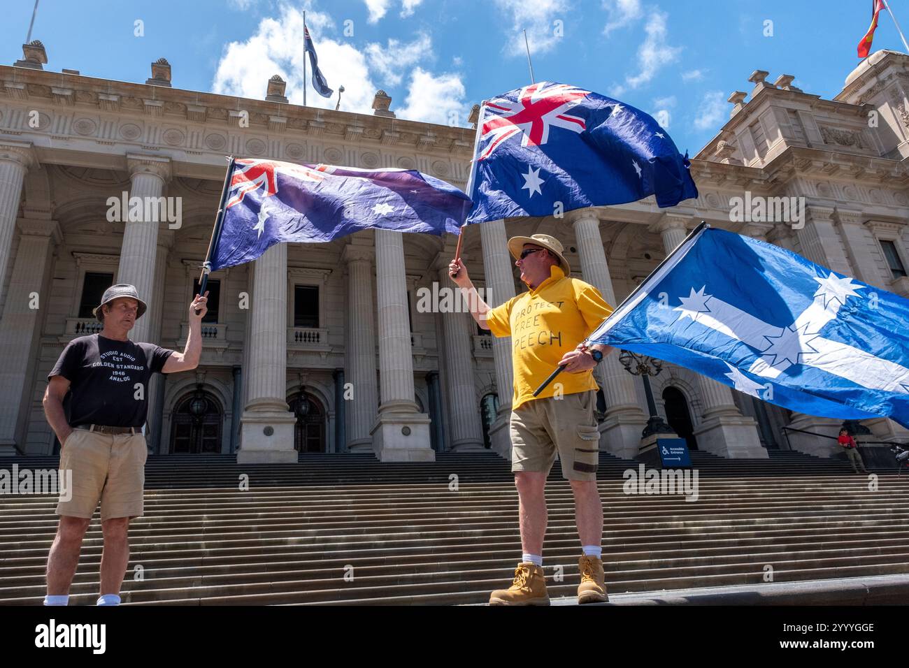 Demonstrators protest for free speech outside the Victorian Parliament ...