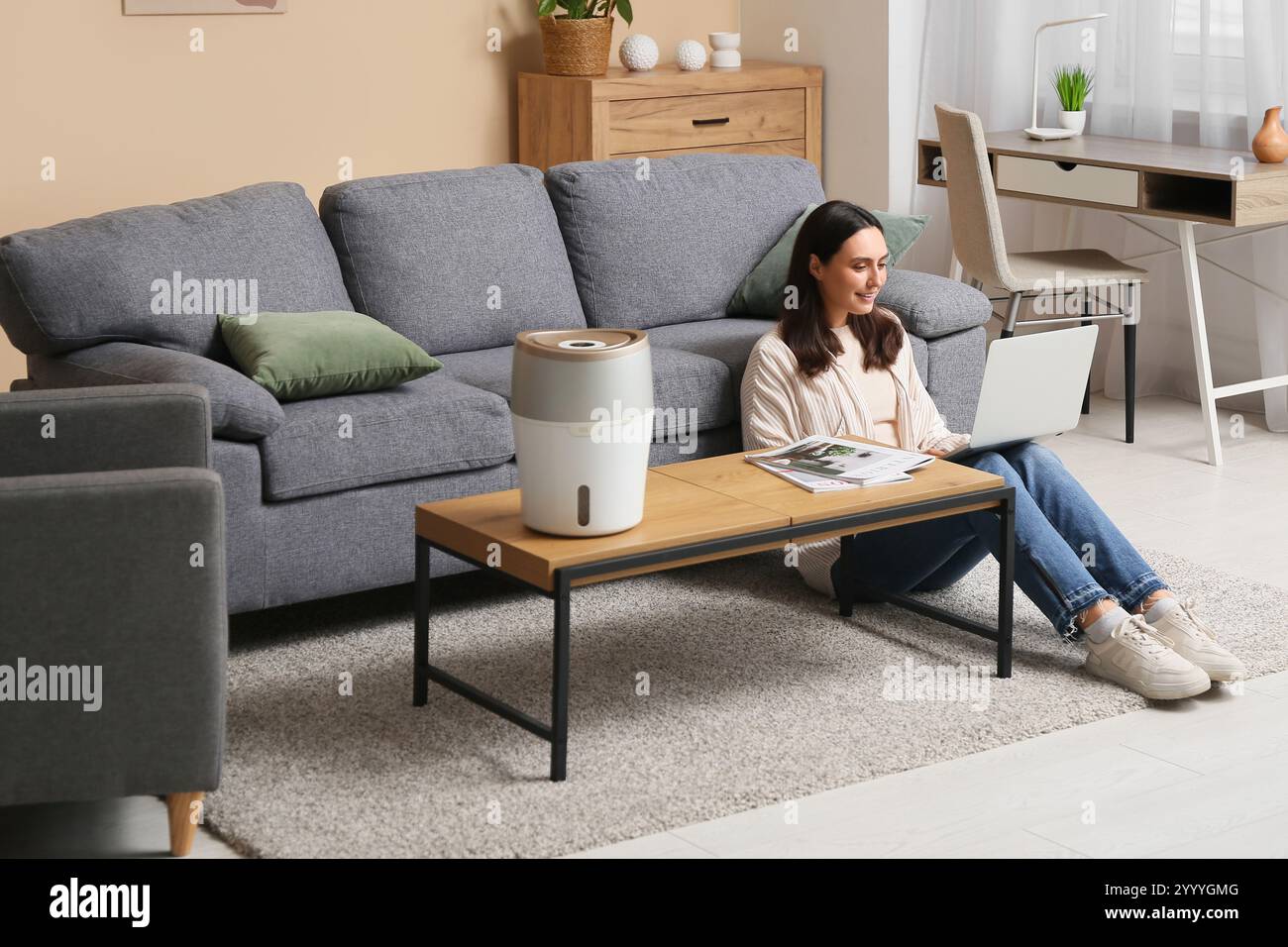 Beautiful young woman with laptop and modern air humidifier sitting on ...