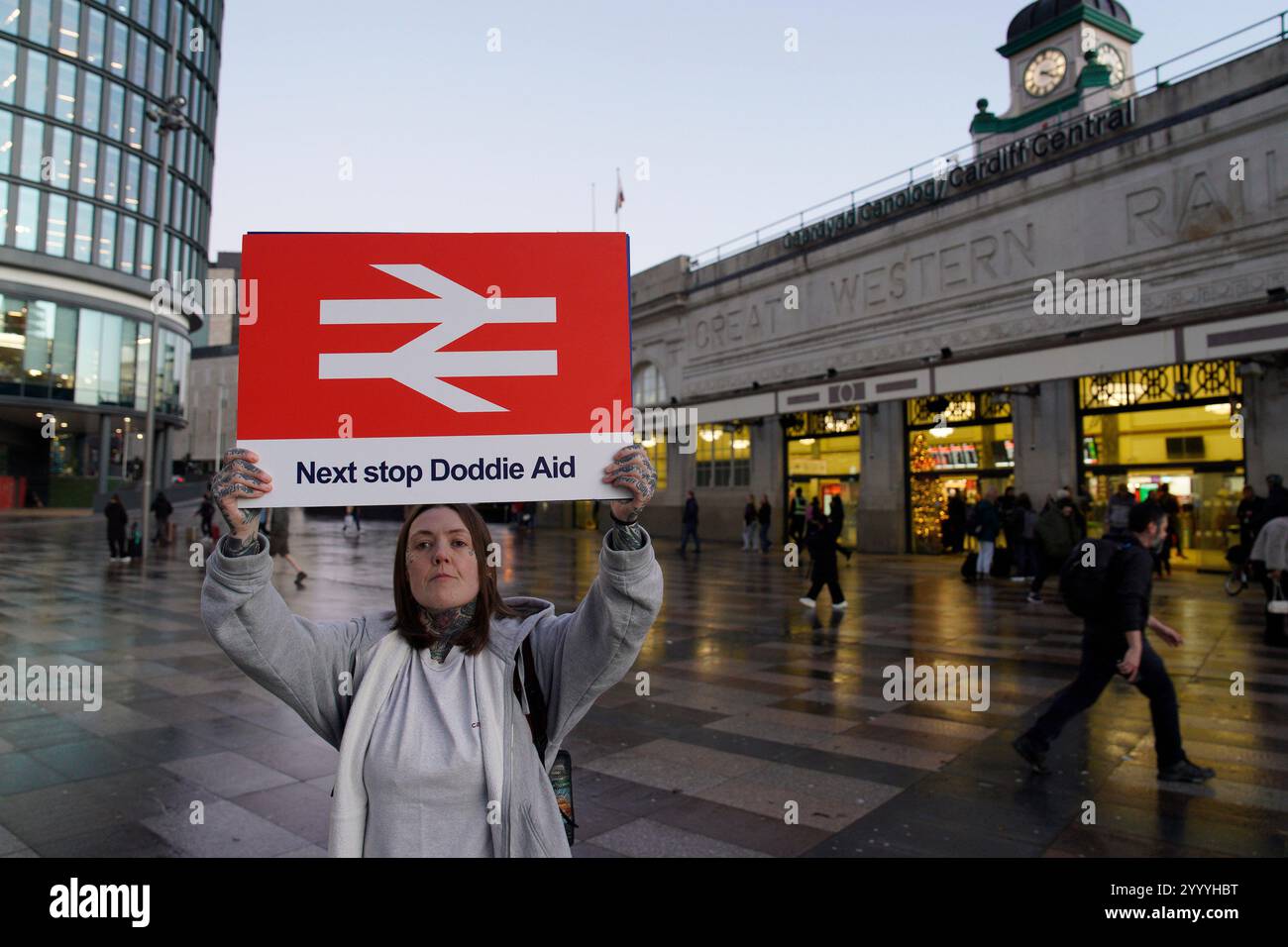 EDITORIAL USE ONLY Campaigner Beth Glastonbury holds a sign at Cardiff ...