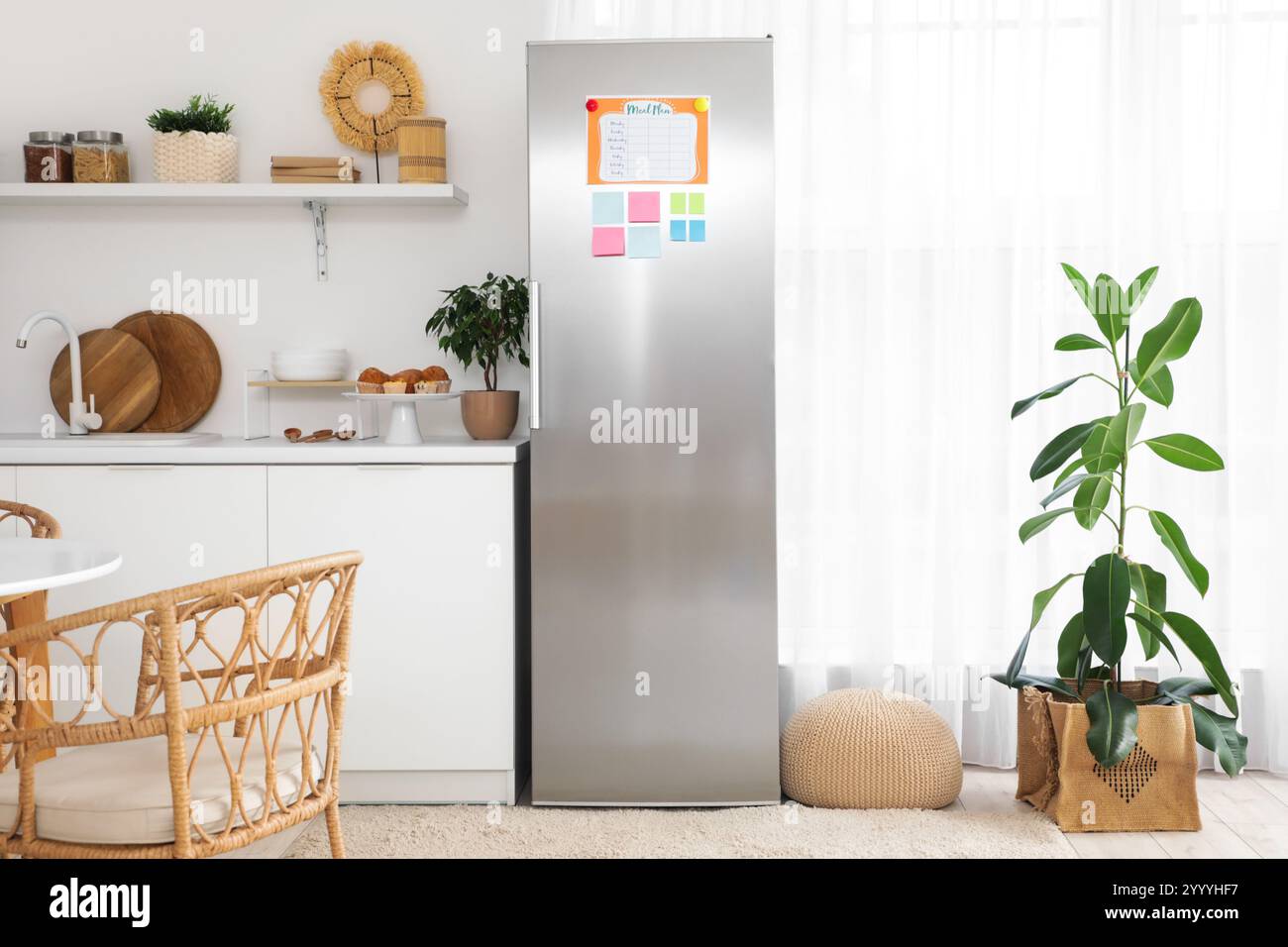 Fridge with sticky notes and meal plan in modern kitchen Stock Photo ...