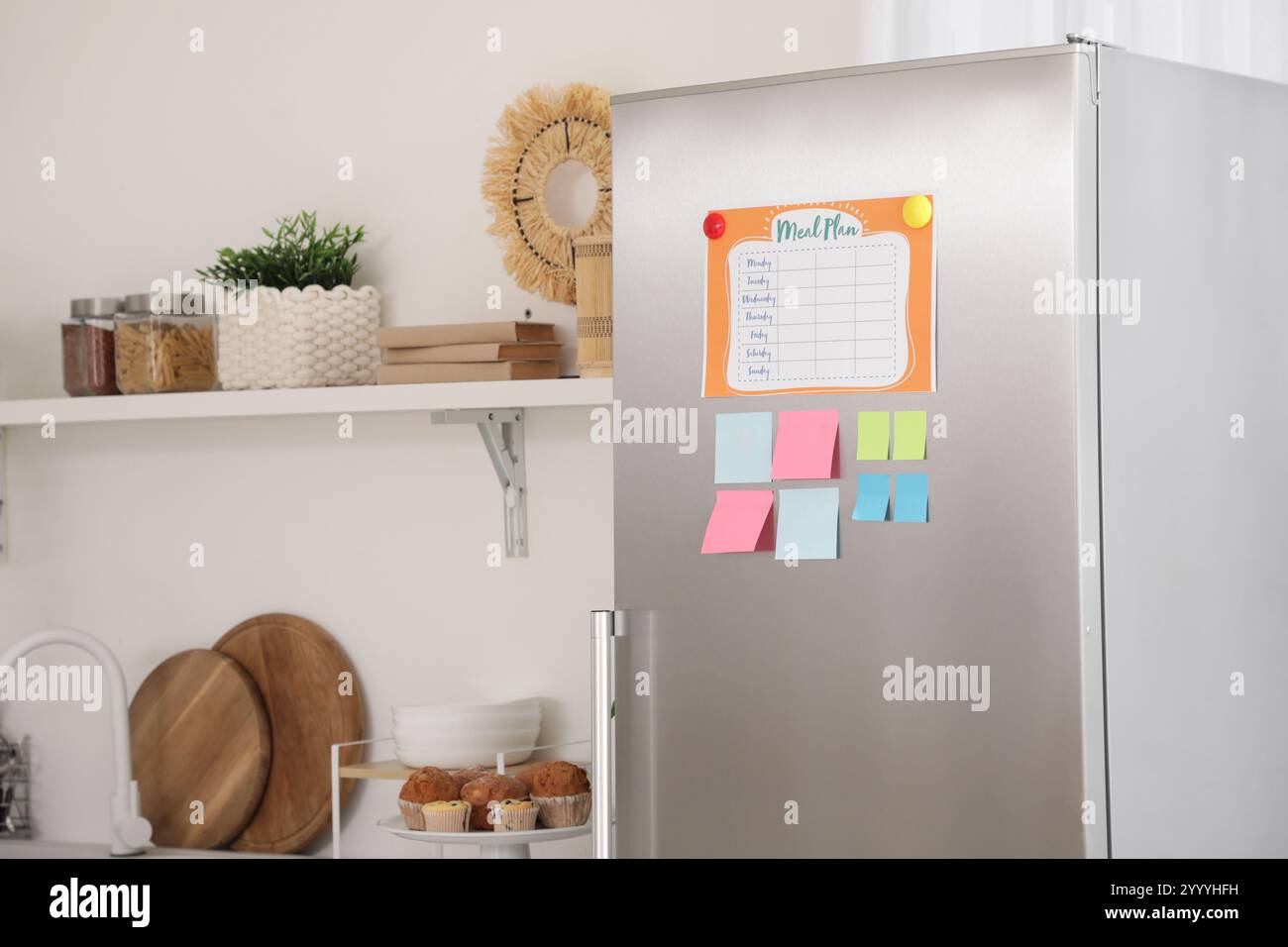Fridge with sticky notes and meal plan in modern kitchen Stock Photo ...