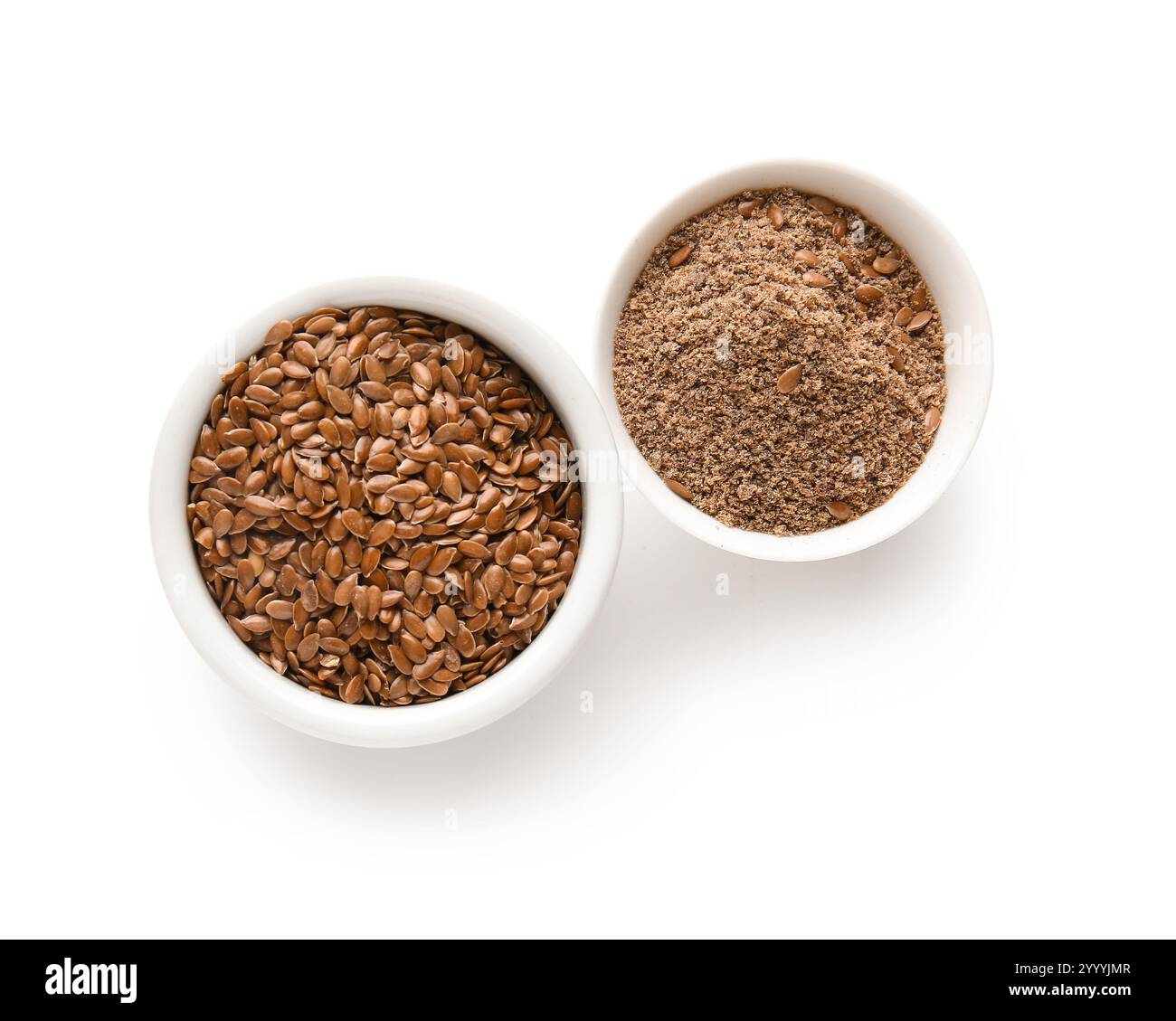 Bowls of flax seeds and flour on white background Stock Photo - Alamy